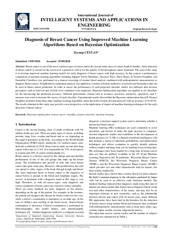 Pdf Diagnosis Of Breast Cancer Using Improved Machine Learning Algorithms Based On Bayesian