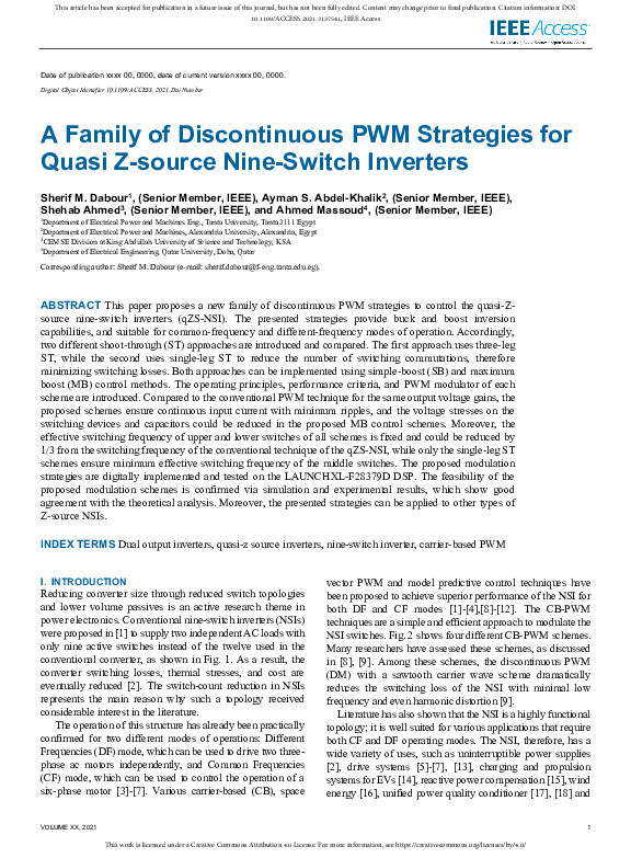 (PDF) A Family of Discontinuous PWM Strategies for Quasi Z-source Nine-Switch Inverters