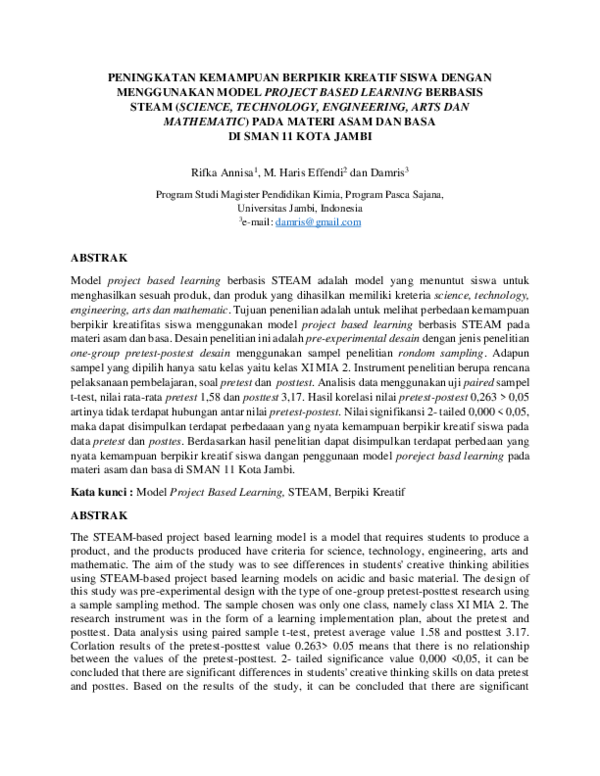 (PDF) Peningkatan Kemampuan Berpikir Kreatif Siswa Dengan Menggunakan Model Project Based ...