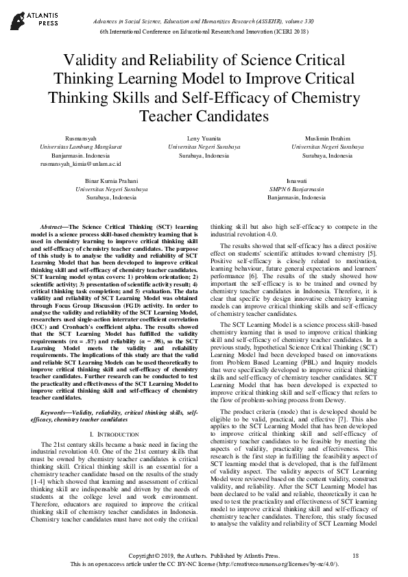 (PDF) Validity and Reliability of Science Critical Thinking Learning Model to Improve Critical ...