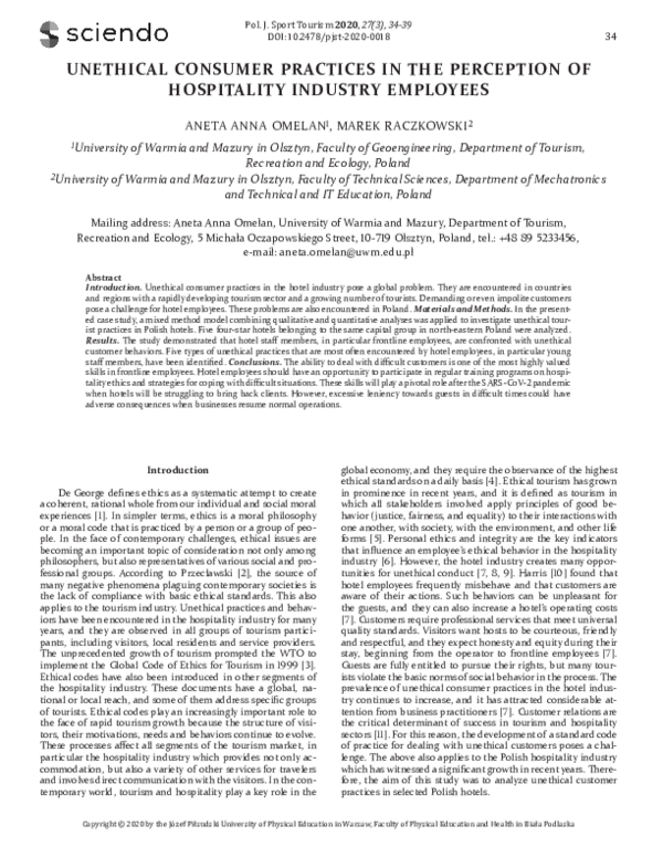 (PDF) Unethical Consumer Practices in the Perception of Hospitality ...