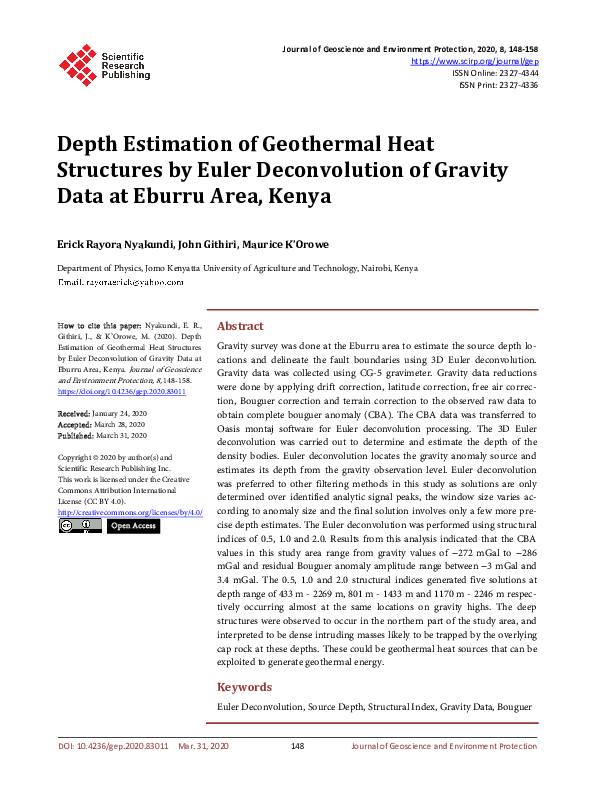 (PDF) Depth Estimation of Geothermal Heat Structures by Euler Deconvolution of Gravity Data at ...