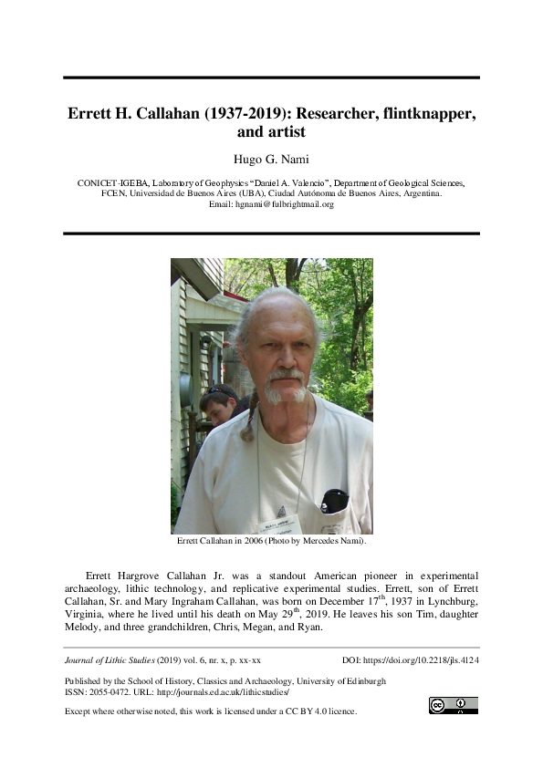 (PDF) Errett H. Callahan (1937-2019): Researcher, flintknapper, and artist | Hugo Nami ...