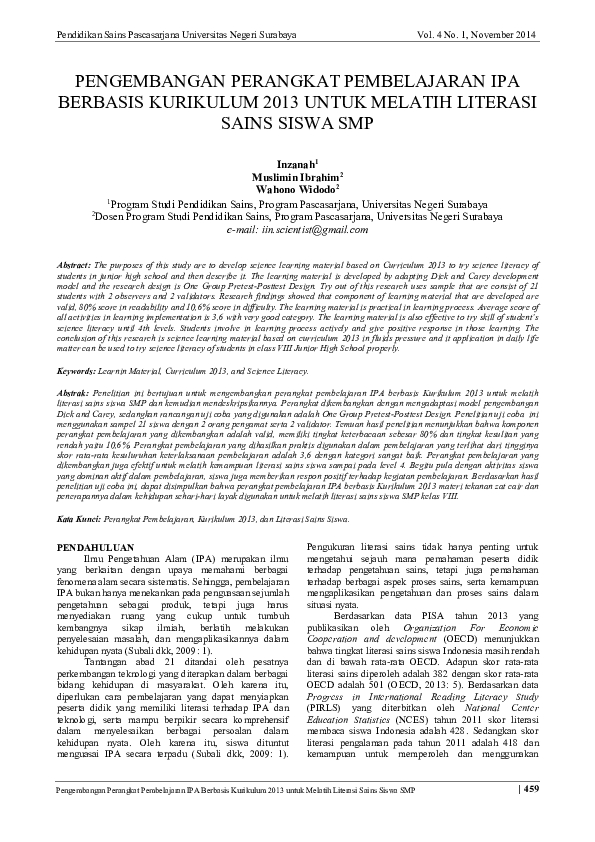 (PDF) Pengembangan Perangkat Pembelajaran Ipa Berbasis Kurikulum 2013 Untuk Melatih Literasi ...