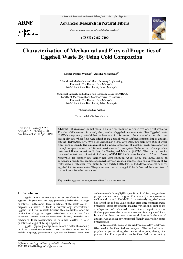 (PDF) Characterization of Mechanical and Physical Properties of Eggshell Waste By Using Cold ...