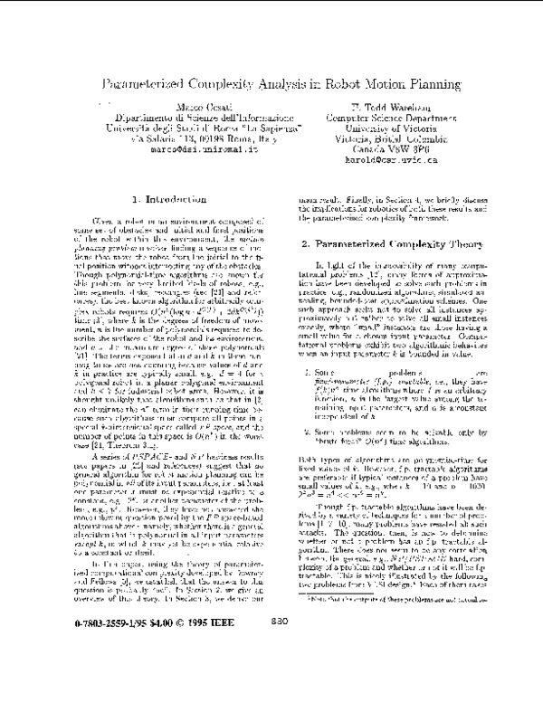 (PDF) Parameterized complexity analysis in robot motion planning