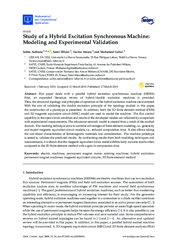(PDF) Study of a Hybrid Excitation Synchronous Machine: Modeling and Experimental Validation