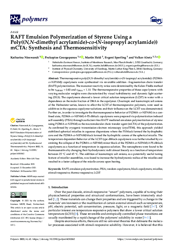 (PDF) RAFT Emulsion Polymerization of Styrene Using a Poly((N,N ...