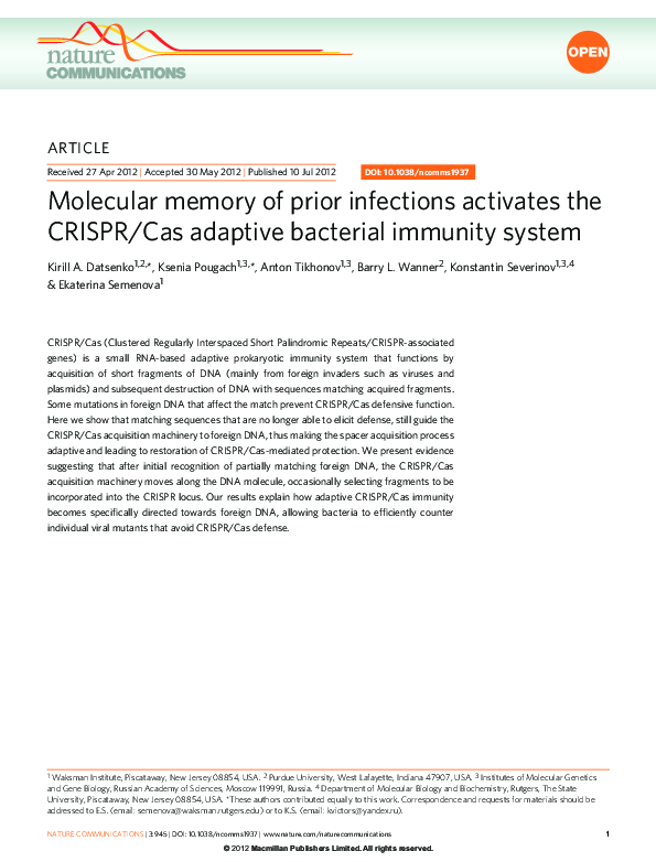 (PDF) Molecular memory of prior infections activates the CRISPR/Cas ...