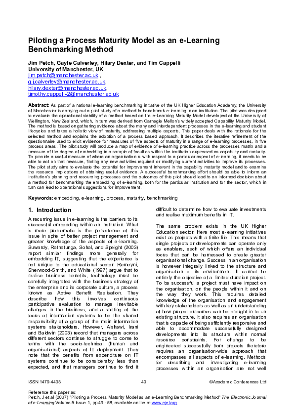 (PDF) Piloting a Process Maturity Model as an e-Learning Benchmarking ...