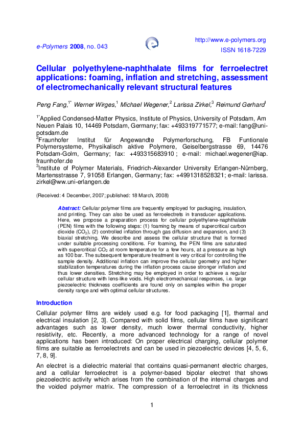 (PDF) Cellular polyethylene-naphthalate films for ferroelectret ...