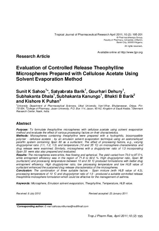 Pdf Research Article Evaluation Of Controlled Release Theophylline Microspheres Prepared With