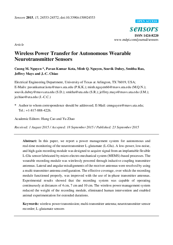 (PDF) Article Wireless Power Transfer for Autonomous Wearable ...