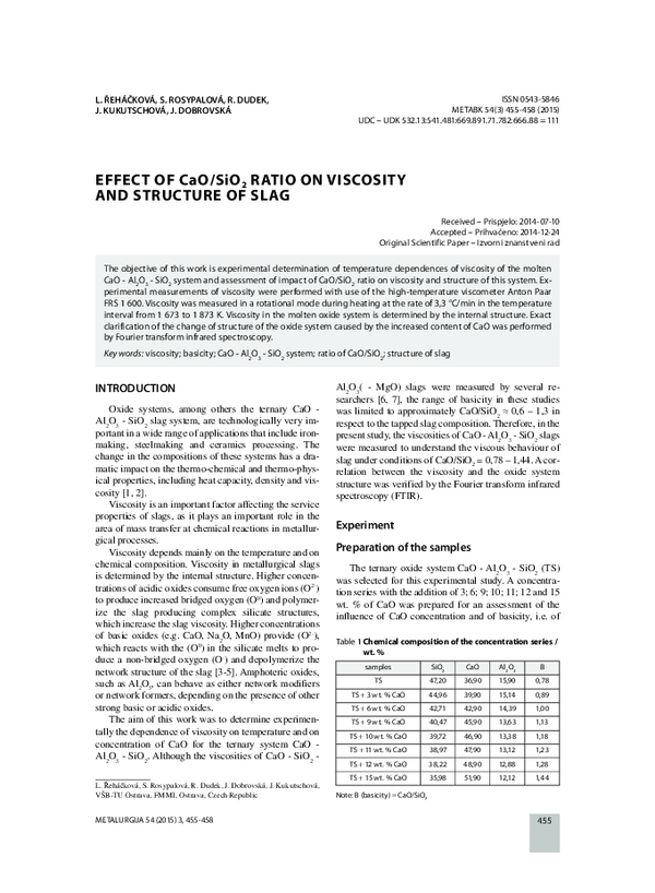 (PDF) Effect of CaO/ SiO 2 ratio on viscosity and structure of slag