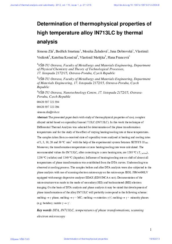 (PDF) Determination of thermophysical properties of high temperature alloy IN713LC by thermal ...