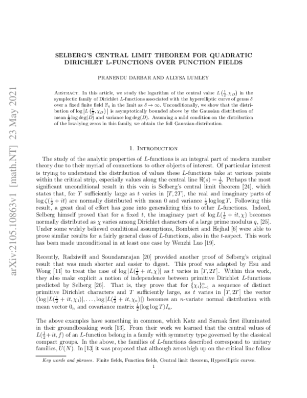 Pdf Selbergs Central Limit Theorem For Quadratic Dirichlet L Functions Over Function Fields
