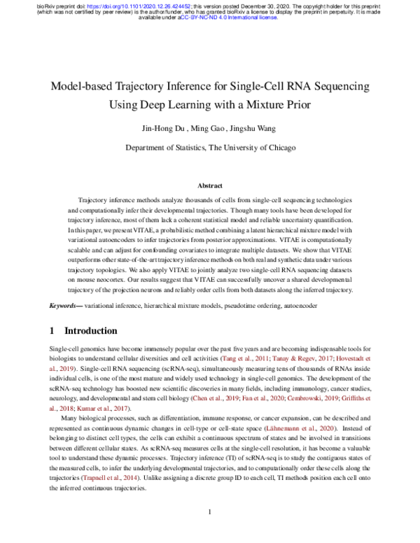 Pdf Model Based Trajectory Inference For Single Cell Rna Sequencing Using Deep Learning With A 