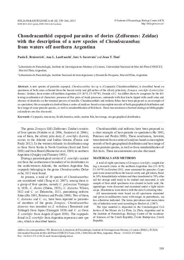 (PDF) Chondracanthid copepod parasites of dories (zeiformes: zeidae ...