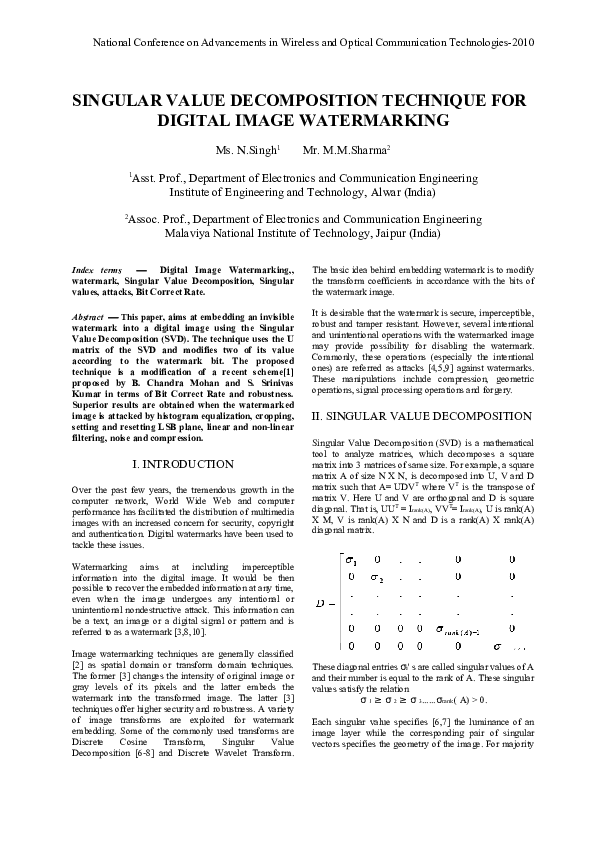 Doc Singular Value Decomposition Technique For Digital Image Watermarking