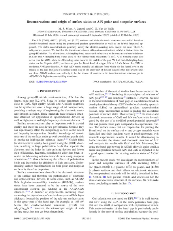 (PDF) Reconstructions and origin of surface states on AlN polar and ...