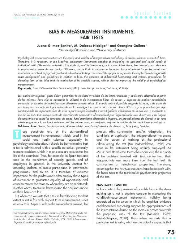 (PDF) BIAS IN MEASUREMENT INSTRUMENTS. FAIR TESTS