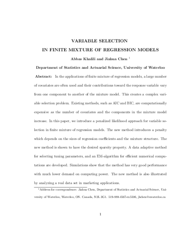 (PDF) Variable Selection in Finite Mixture of Regression Models