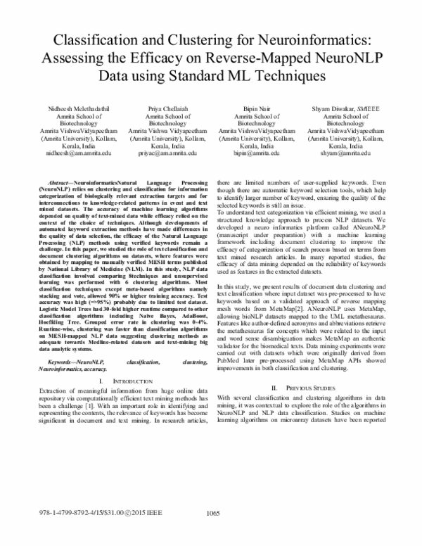 (PDF) Classification and clustering for neuroinformatics: Assessing the efficacy on reverse ...