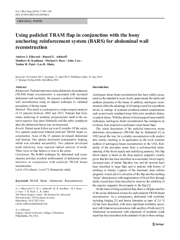 (PDF) Using pedicled TRAM flap in conjunction with the bony anchoring ...