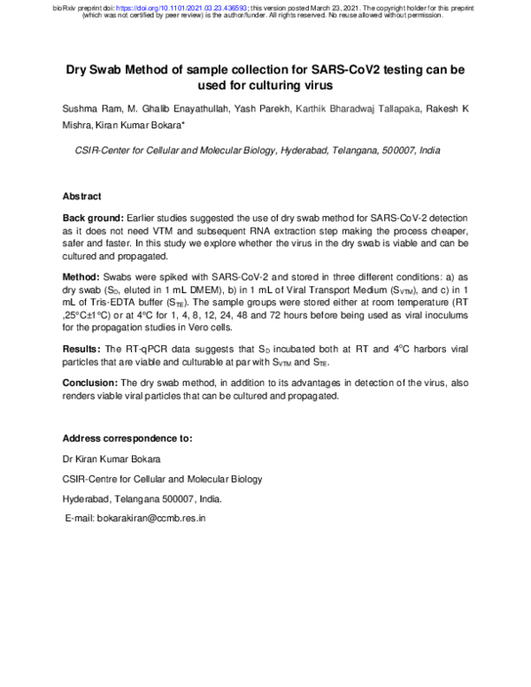 (PDF) Dry Swab Method of sample collection for SARS-CoV2 testing can be ...
