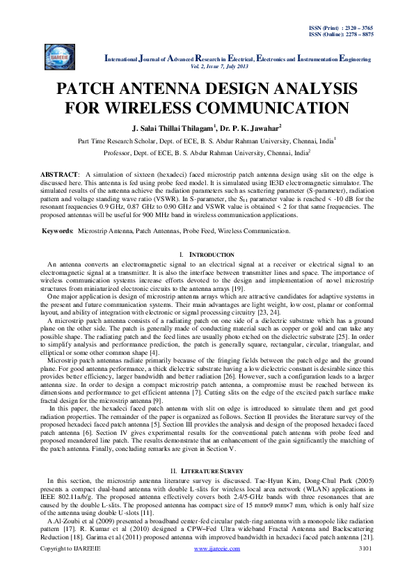 (PDF) Patch Antenna Design Analysisfor Wireless Communication