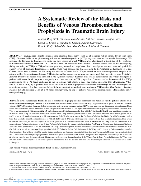 (PDF) A Systematic Review of the Risks and Benefits of Venous Thromboembolism Prophylaxis in ...