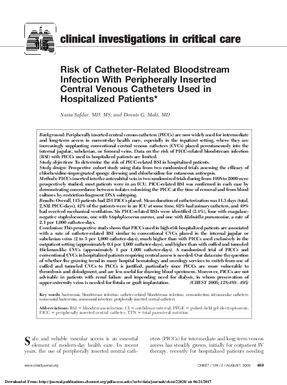 (PDF) Risk of Catheter-Related Bloodstream Infection With Peripherally ...