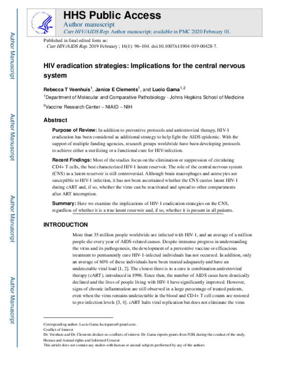 (PDF) HIV Eradication Strategies: Implications for the Central Nervous ...