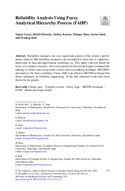 (PDF) Reliability Analysis Using Fuzzy Analytical Hierarchy Process (FAHP)