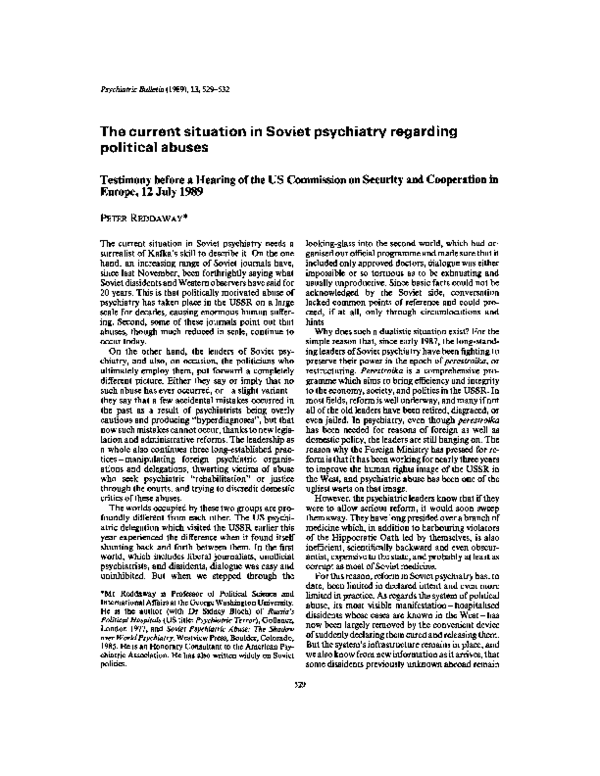 (PDF) The current situation in Soviet psychiatry regarding political abuses