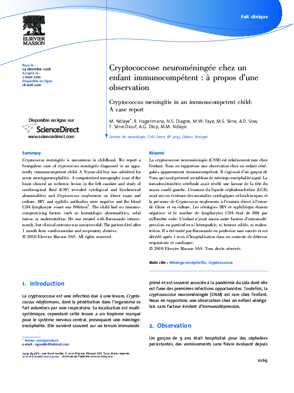 (PDF) Cryptococcose neuroméningée chez un enfant immunocompétent : à ...