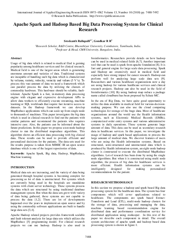 (PDF) Apache Spark and Hadoop Based Big Data Processing System for ...