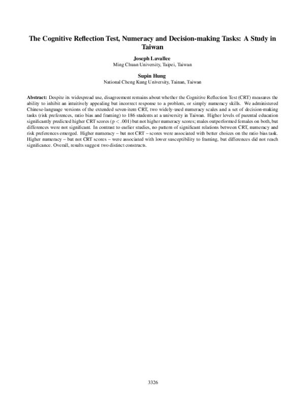 (PDF) The Cognitive Reflection Test, Numeracy and Decision-making Tasks ...