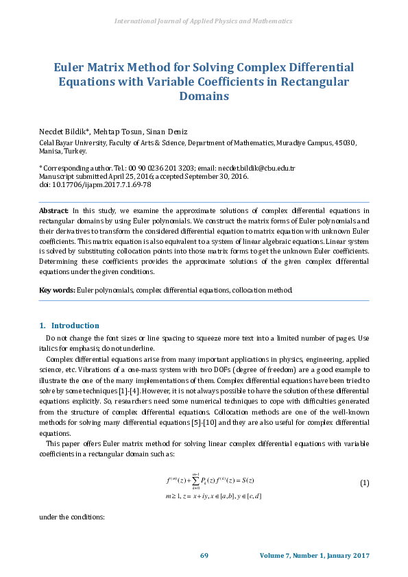 (PDF) Euler Matrix Method for Solving Complex Differential Equations ...