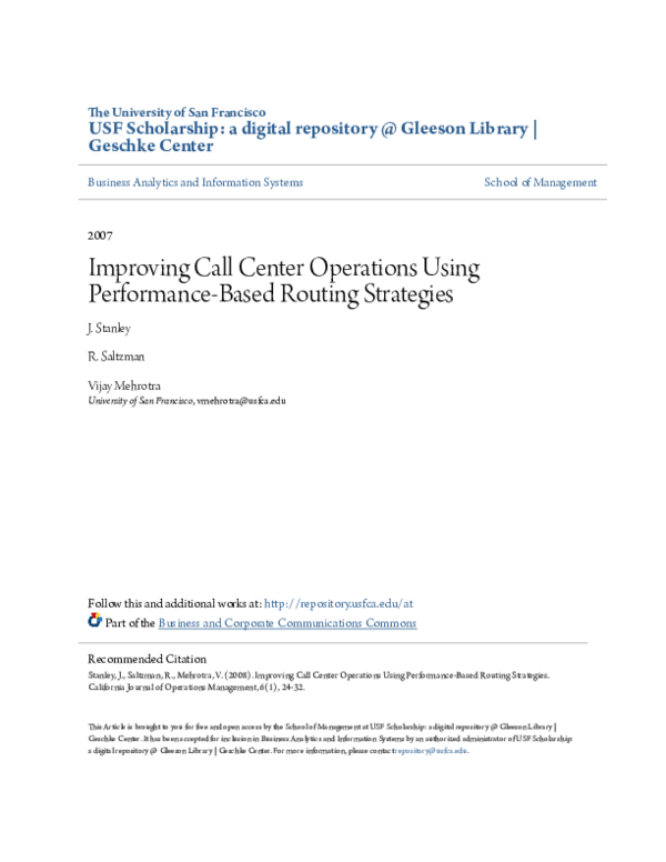 (PDF) Improving Call Center Operations Using Performance-Based Routing ...