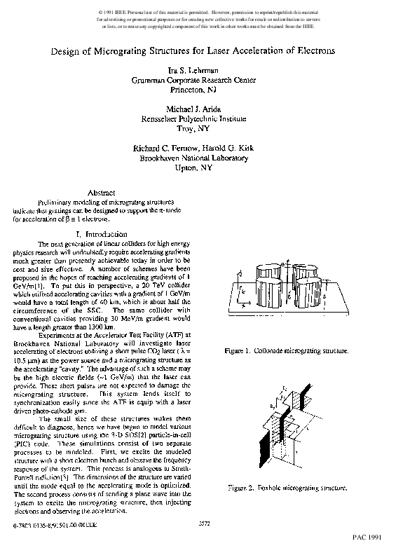 Pdf Design Of Micrograting Structures For Laser Acceleration Of Electrons