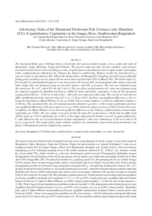 (PDF) Life-history traits of the Threatened Freshwater Fish Cirrhinus ...