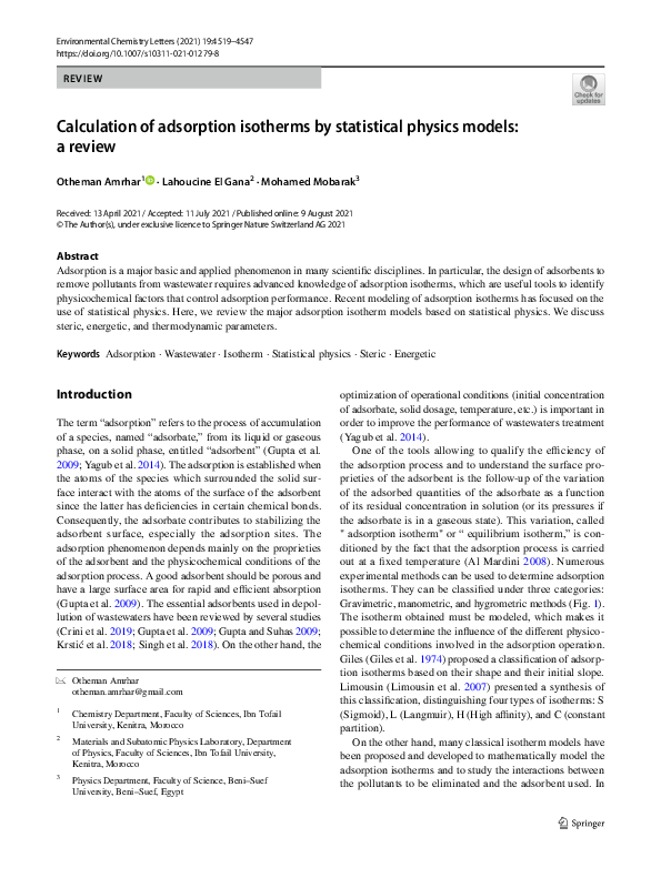 (PDF) Calculation of adsorption isotherms by statistical physics models: a review