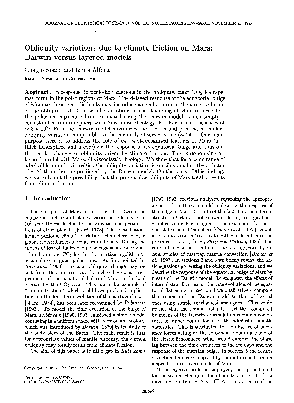 (PDF) Obliquity variations due to climate friction on Mars: Darwin ...