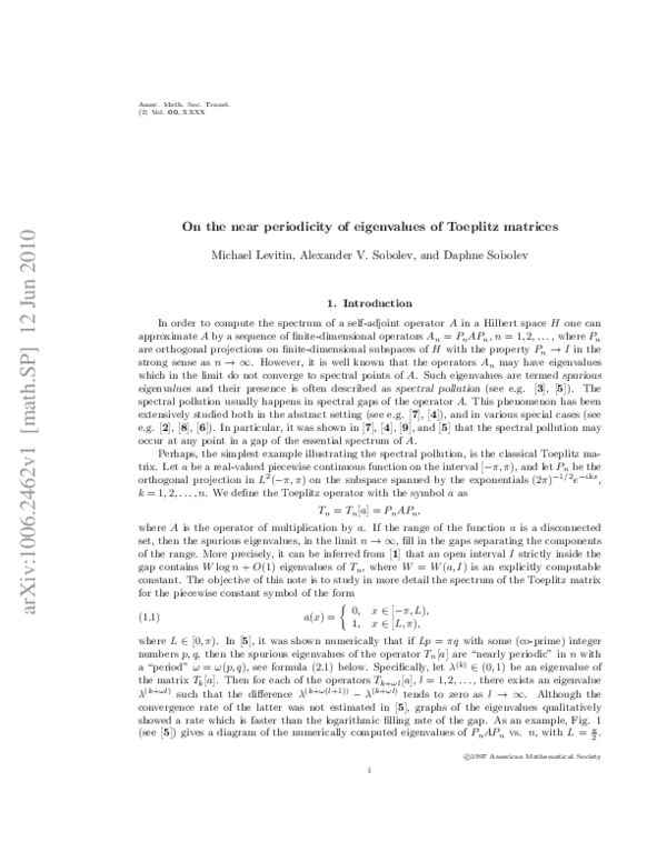 Pdf On The Near Periodicity Of Eigenvalues Of Toeplitz Matrices In Operator Theory And Its