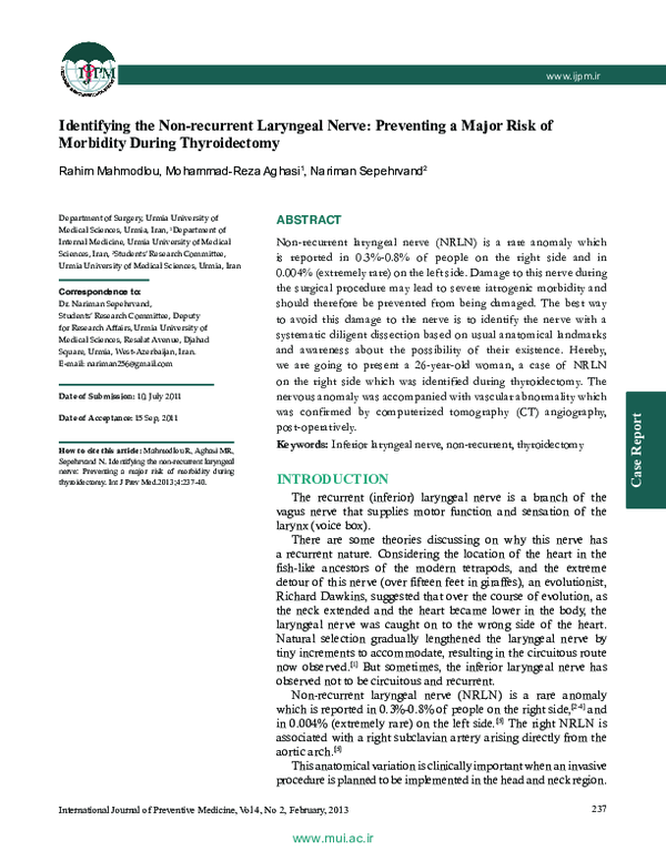 (PDF) Identifying the Non-recurrent Laryngeal Nerve: Preventing a Major ...