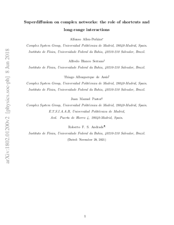 (PDF) Superdiffusion on complex networks: the role of shortcuts and ...