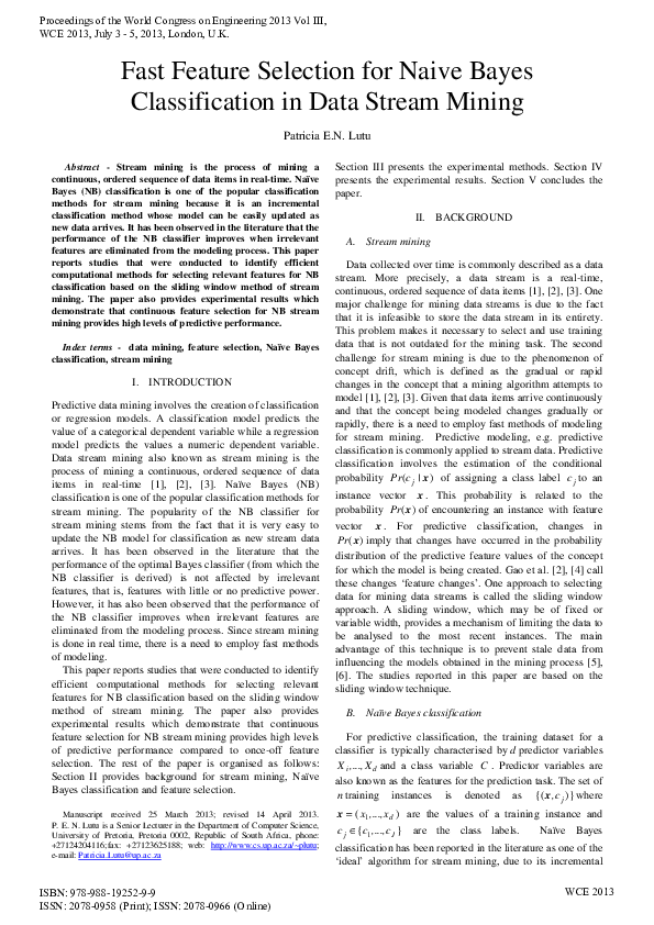 Pdf Fast Feature Selection For Naive Bayes Classification In Data