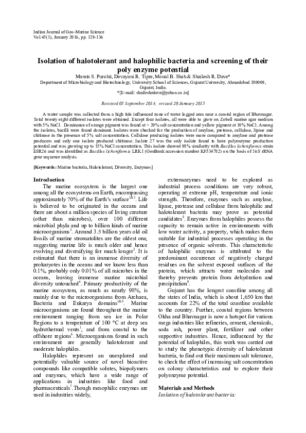 (PDF) Isolation of halotolerant and halophilic bacteria and screening of their poly enzyme potential