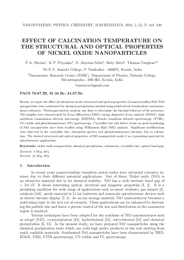(PDF) Effect of calcination temperature on the structural and optical properties of nickel oxide ...